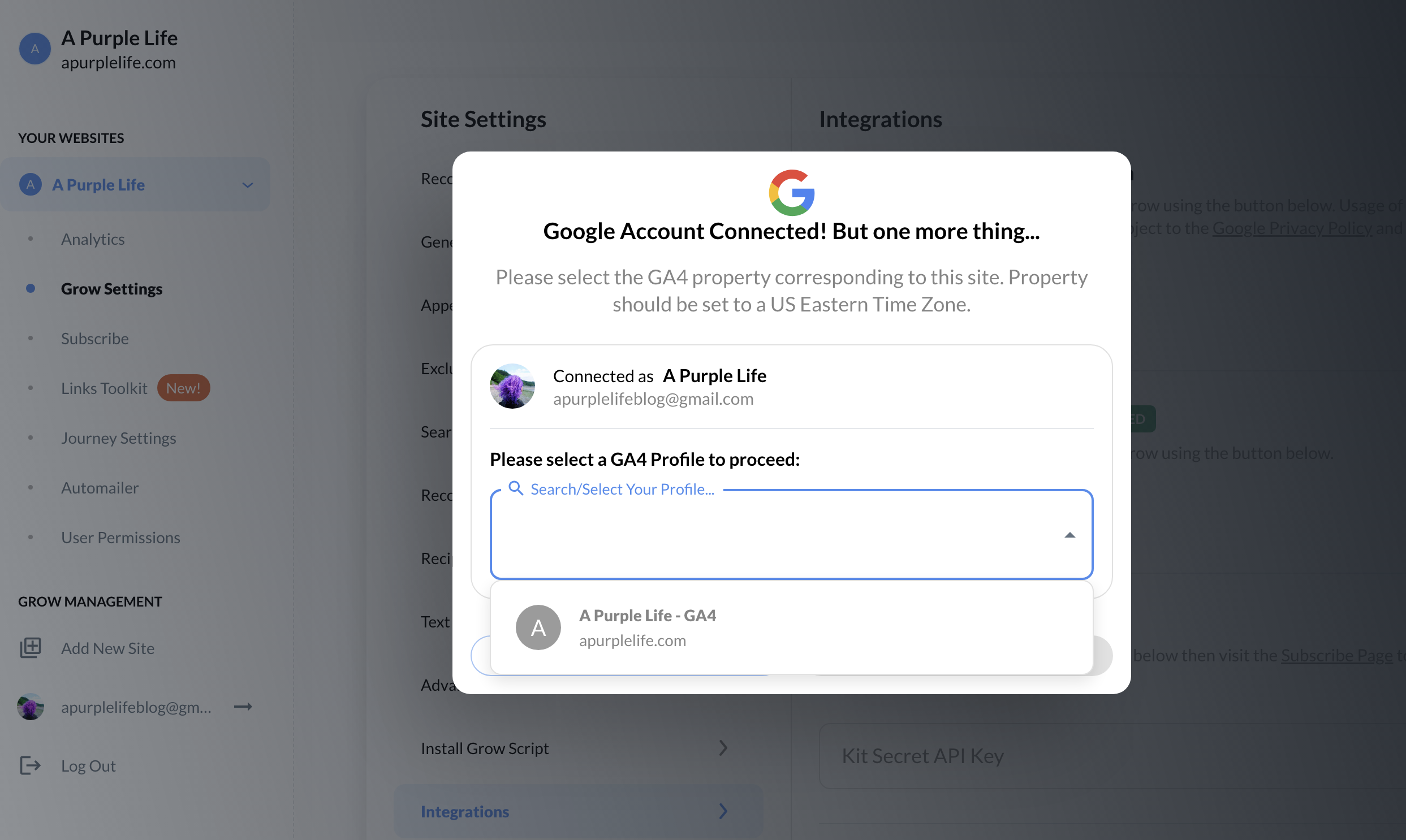Can't Connect Google Analytics - Website Greyed Out – Journey